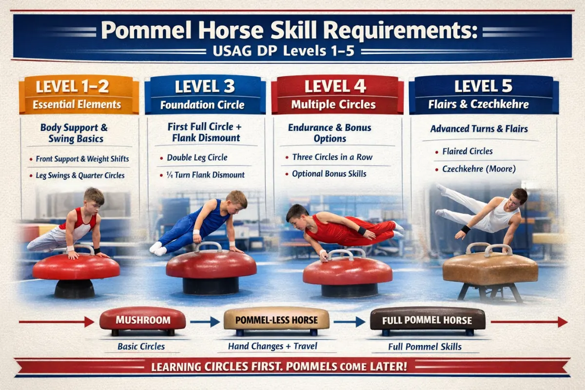 Pommel Horse Skill Requirements (USAG Men’s DP Levels 1–5)